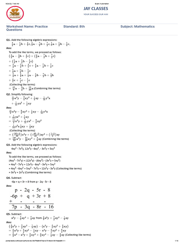Class - 8 Chapter 9 Algebric Expressions Practice Questions Answer ...