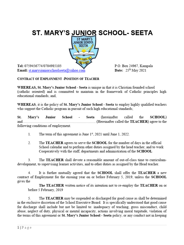 Teacher Employment Contract at St. Mary's | PDF | Parental Leave | Teachers