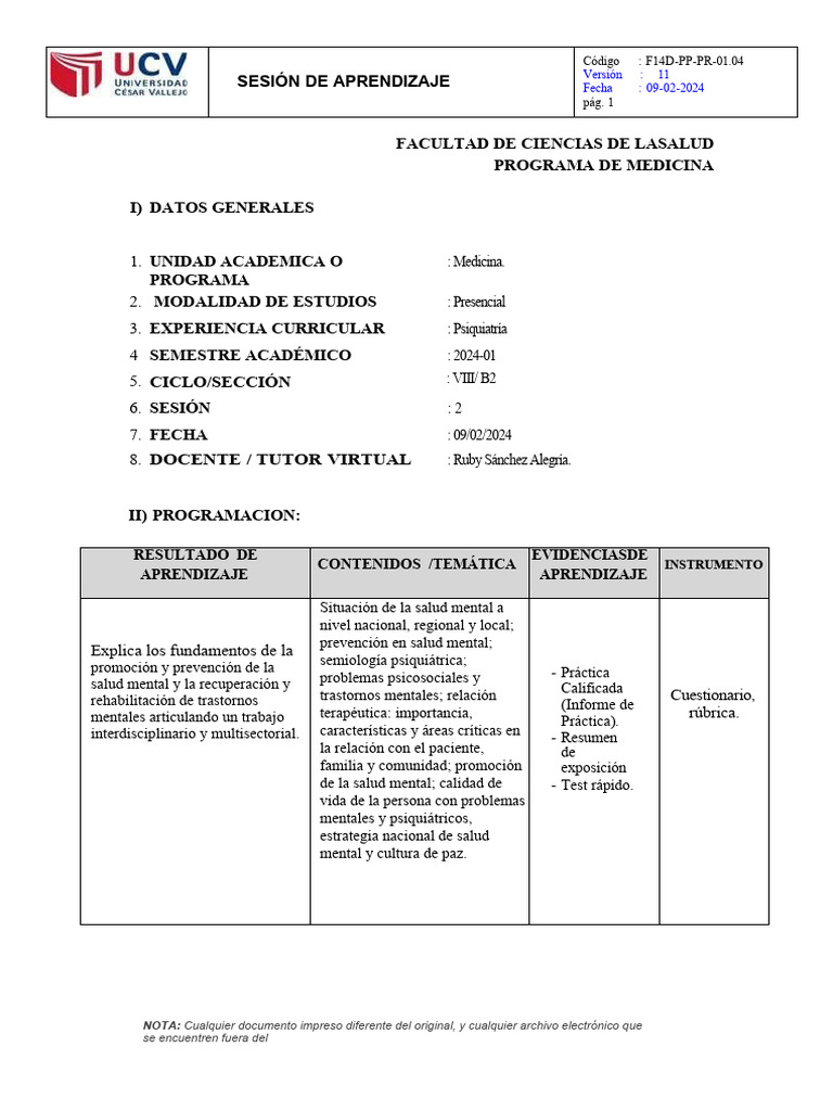 Sesion Aprendizaje Psiquiatria | PDF | Salud mental | Aprendizaje