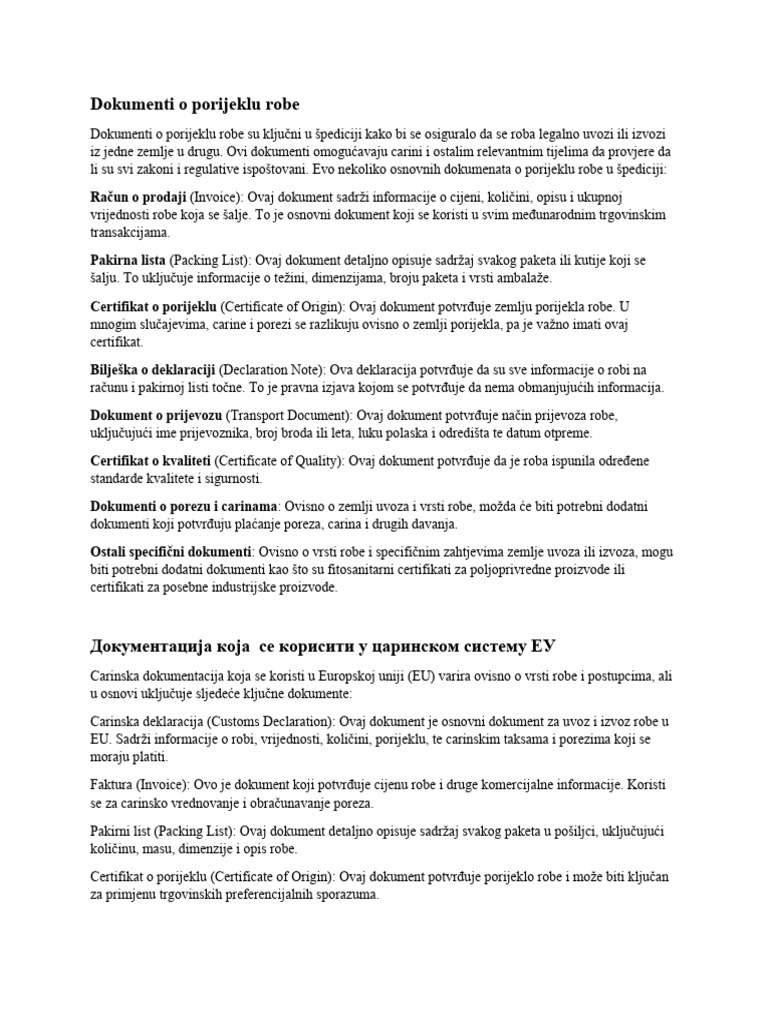 Dokumenti o Porijeklu Robe Četvrtak | PDF