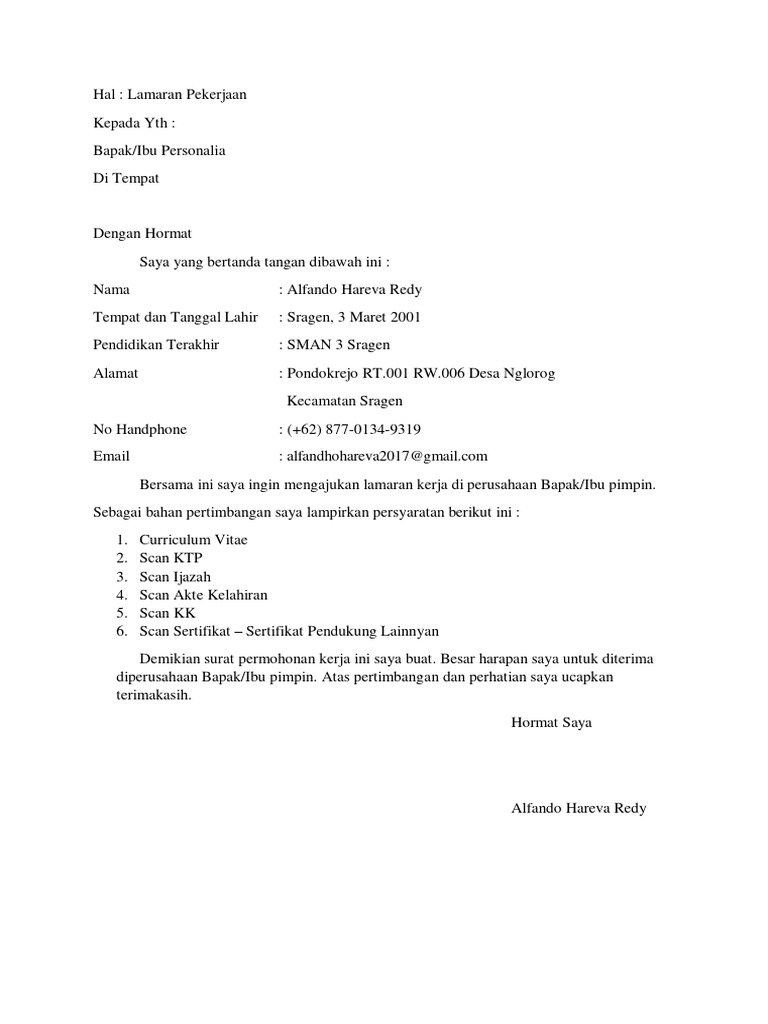 Surat Lamaran Alfando Hareva | PDF