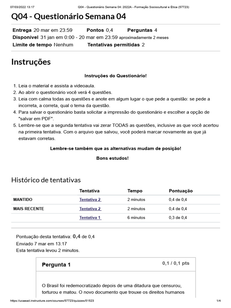 Questionário Formação Sociocultural 2022 | PDF | Primeira Guerra ...