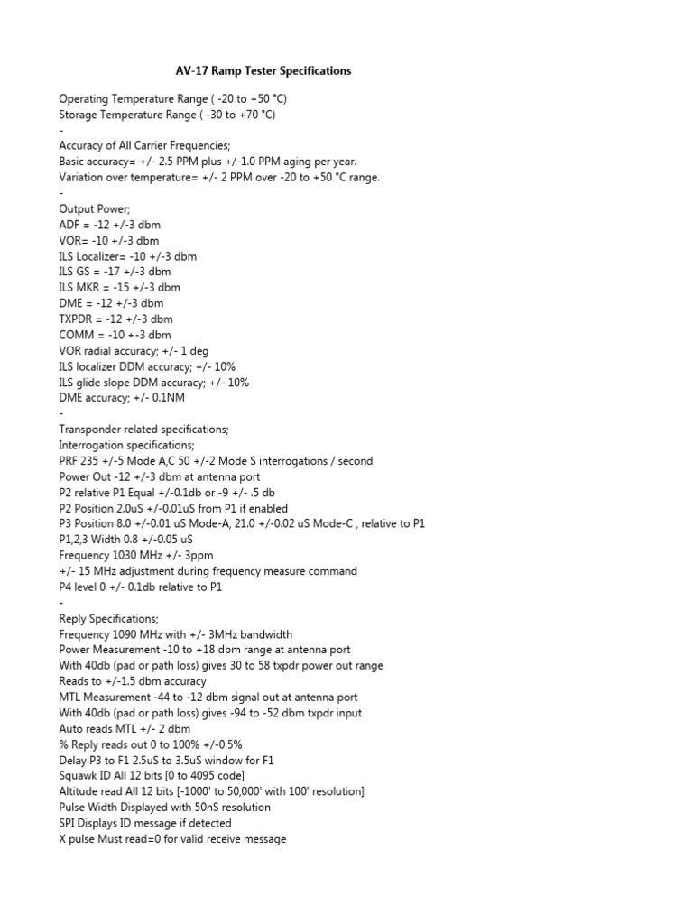 AV-17 Ramp Tester Specifications | PDF