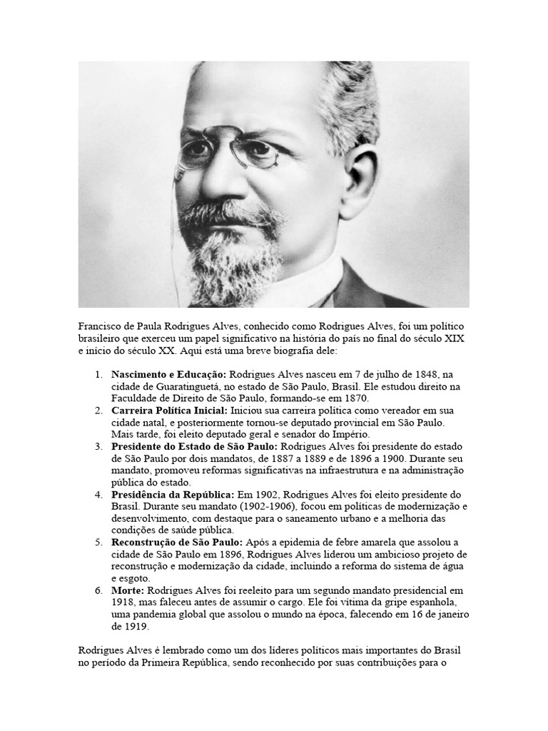 Biografia de Rodrigues Alves, Presidente do Brasil | PDF