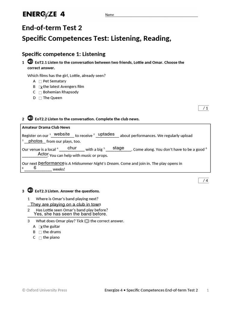 Listening and Reading Competences Test | PDF | Career & Growth