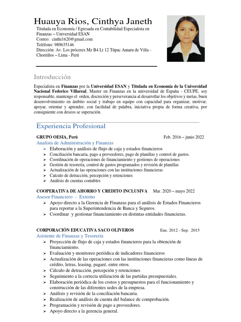 CV Cinthya Huauya Rios (1) Sin Cursos | PDF | Contabilidad | Business