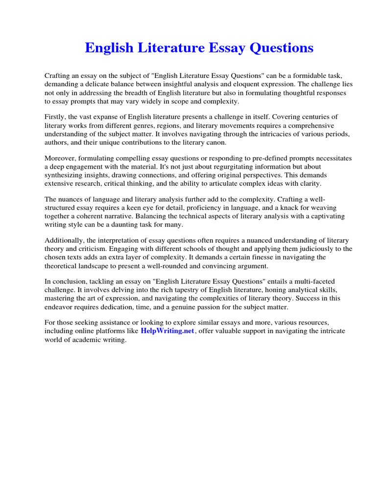 English Literature Essay Questions | PDF