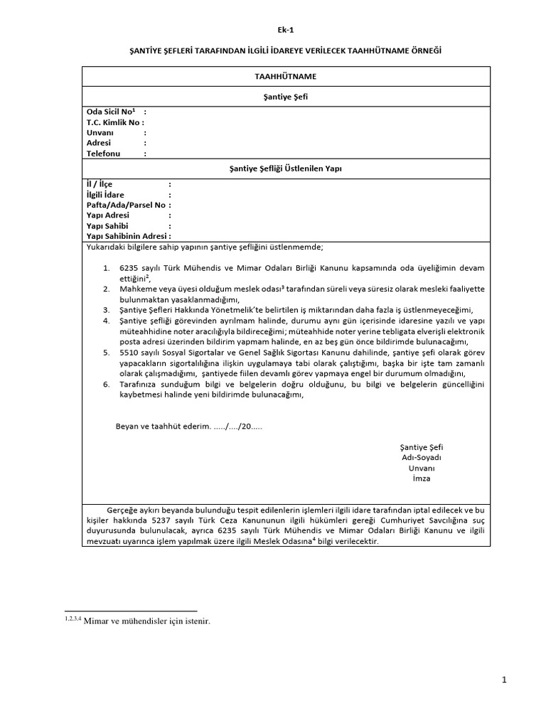 EK10 Santiye Sefi Taahhutnamesi Ornegi | PDF
