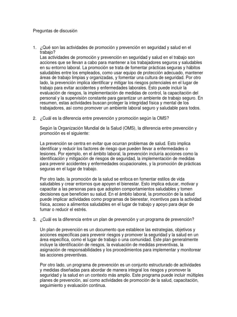 Preguntas de Discusión Promoción y Prevención en Seguridad y Salud ...