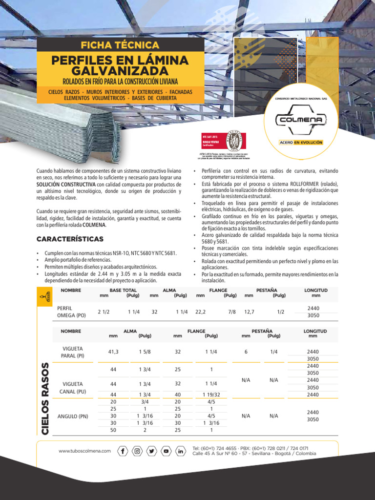 FT Perfiles Lamina Galvanizada Ficha Tecnica Tubos Colmena | PDF | Materiales | Sector ...