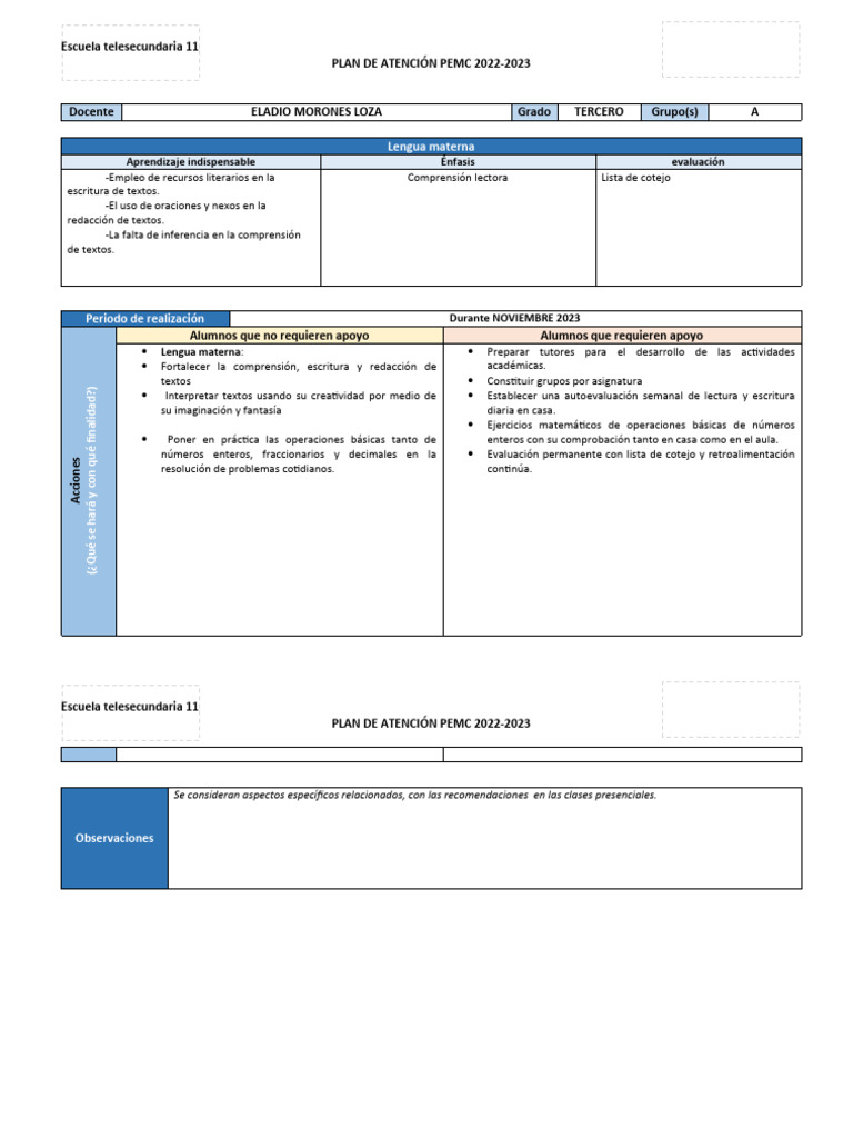 Plan Pemc Lengua Materna Noviembr 2023 | PDF | Evaluación ...