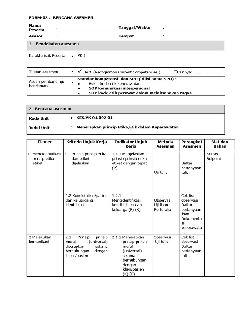 FORM-03 Perencanaan Asesmen | PDF