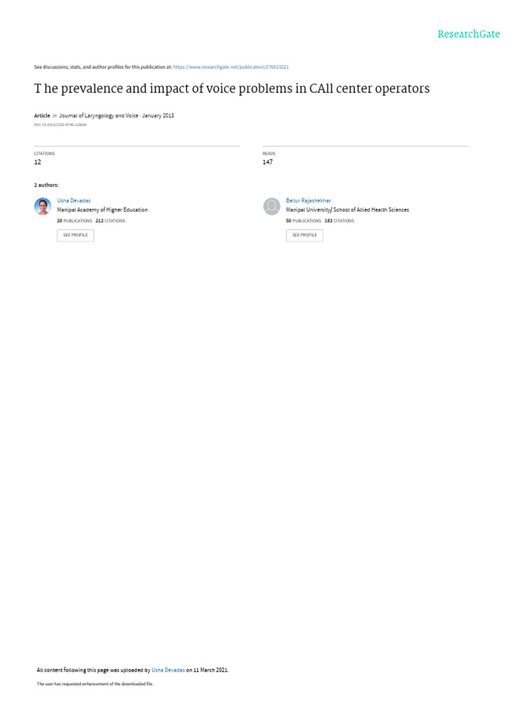 CCO TheprevalenceandimpactofVoiceproblems | PDF | Risk | Call Centre