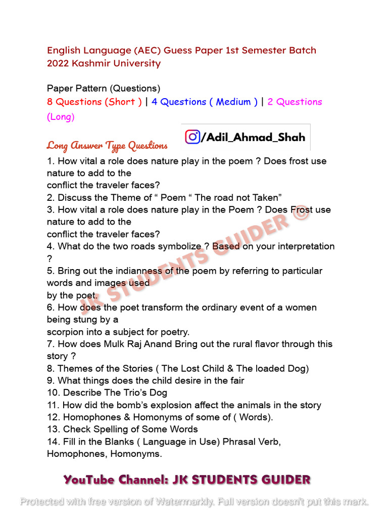 English Language (AEC) Guess Paper 1st Semester | PDF
