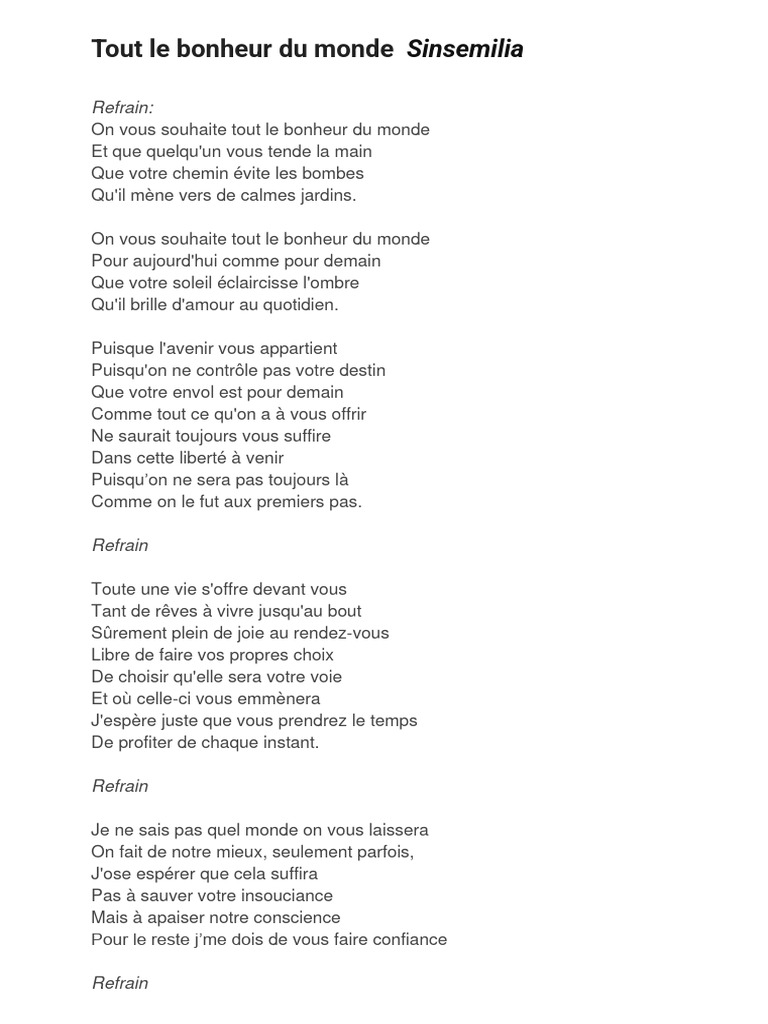 Tout Le Bonheur Du Monde Sinsemilia | PDF