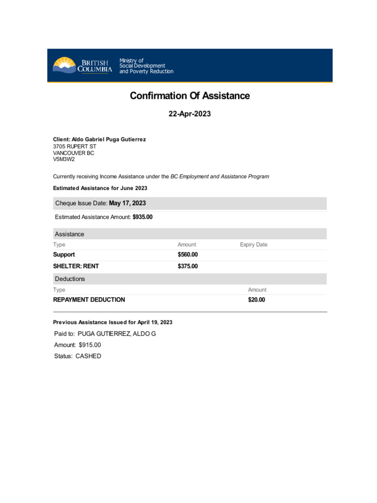 View Confirmation of Assistance | PDF