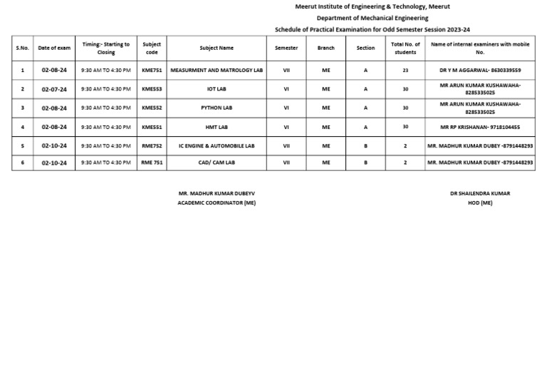 Practical Date Sheet Odd Sem 2023-24 | PDF | Engineering