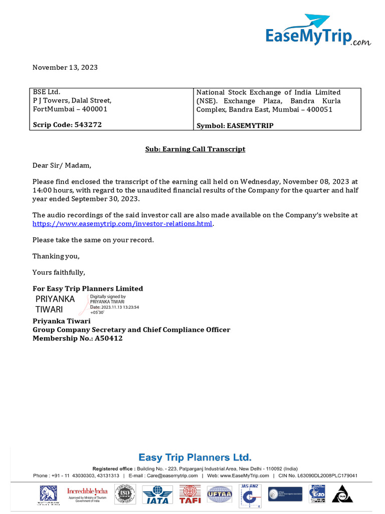 Scrip Code: 543272 Symbol: EASEMYTRIP Sub: Earning Call Transcript | PDF | Economies