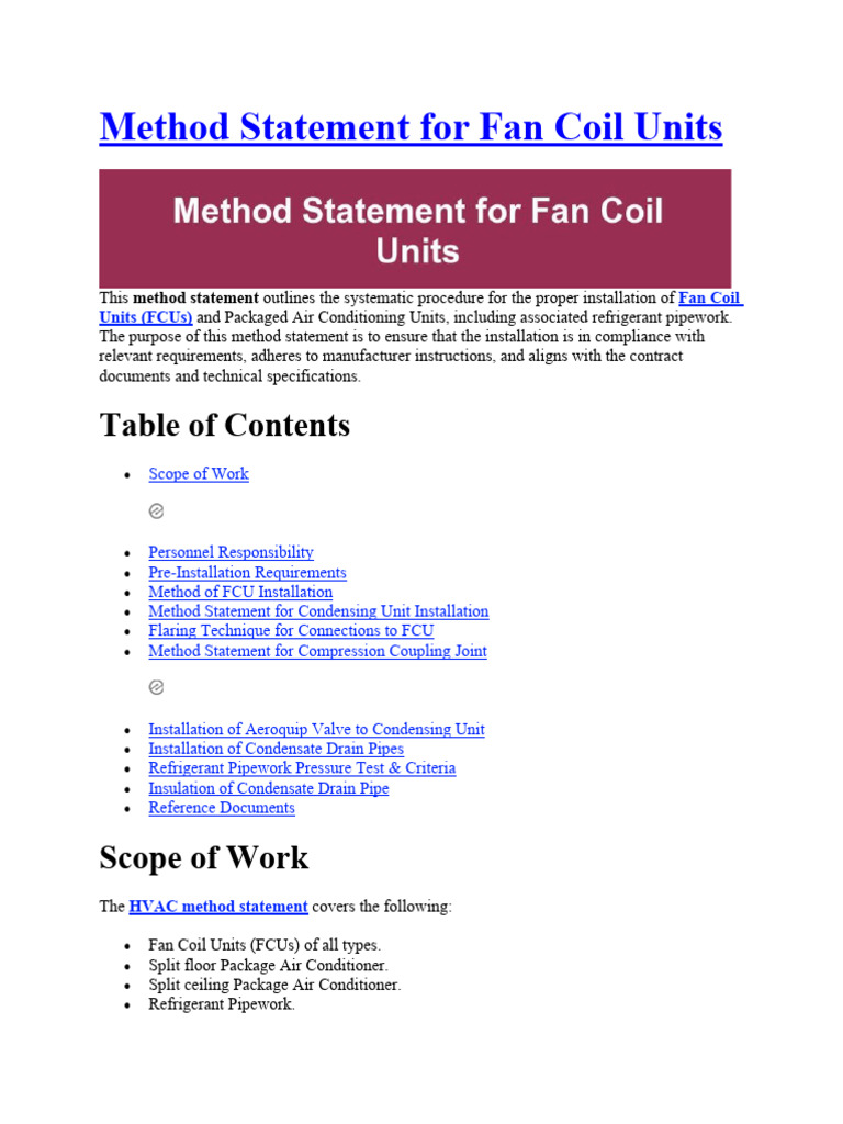 Method Statement For Fan Coil Units | PDF | Pipe (Fluid Conveyance ...
