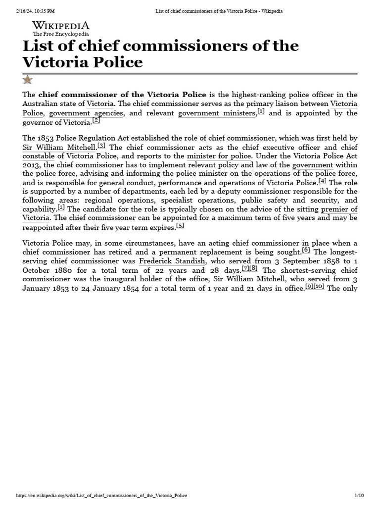 List of Chief Commissioners of The Victoria Police - Wikipedia | PDF ...