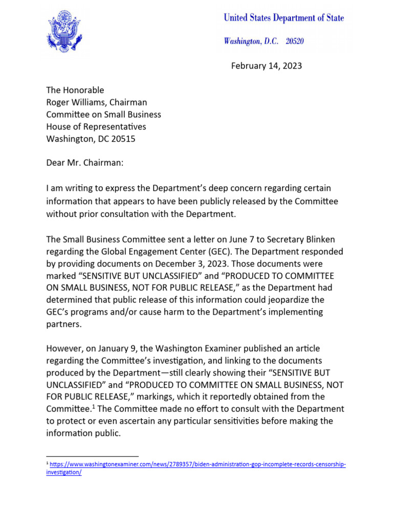 2024.02.14 Letter To Chairman Williams - State Dept. | PDF | Law