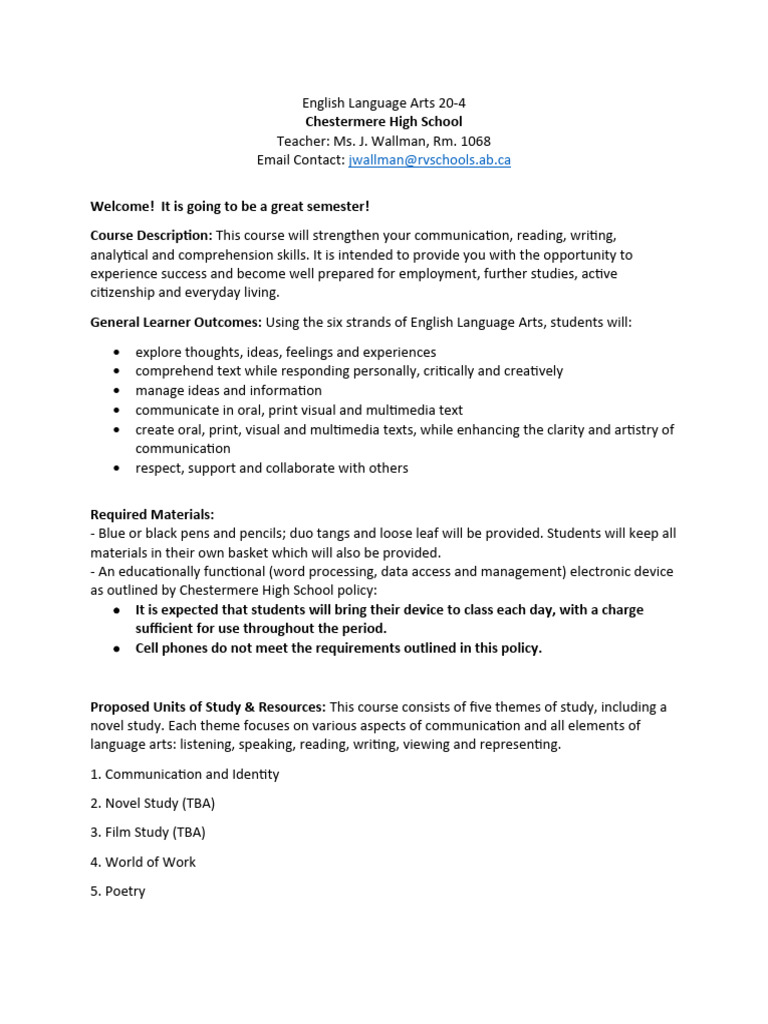 ELA 20-4 Course Outline 2023 | PDF | Reading Comprehension | Learning