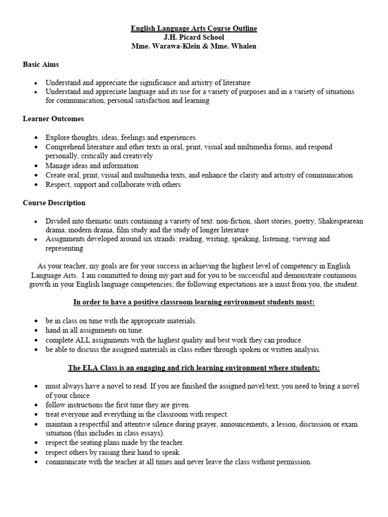 ELA Course Outline - Revised | PDF | Educational Assessment | Cognitive ...