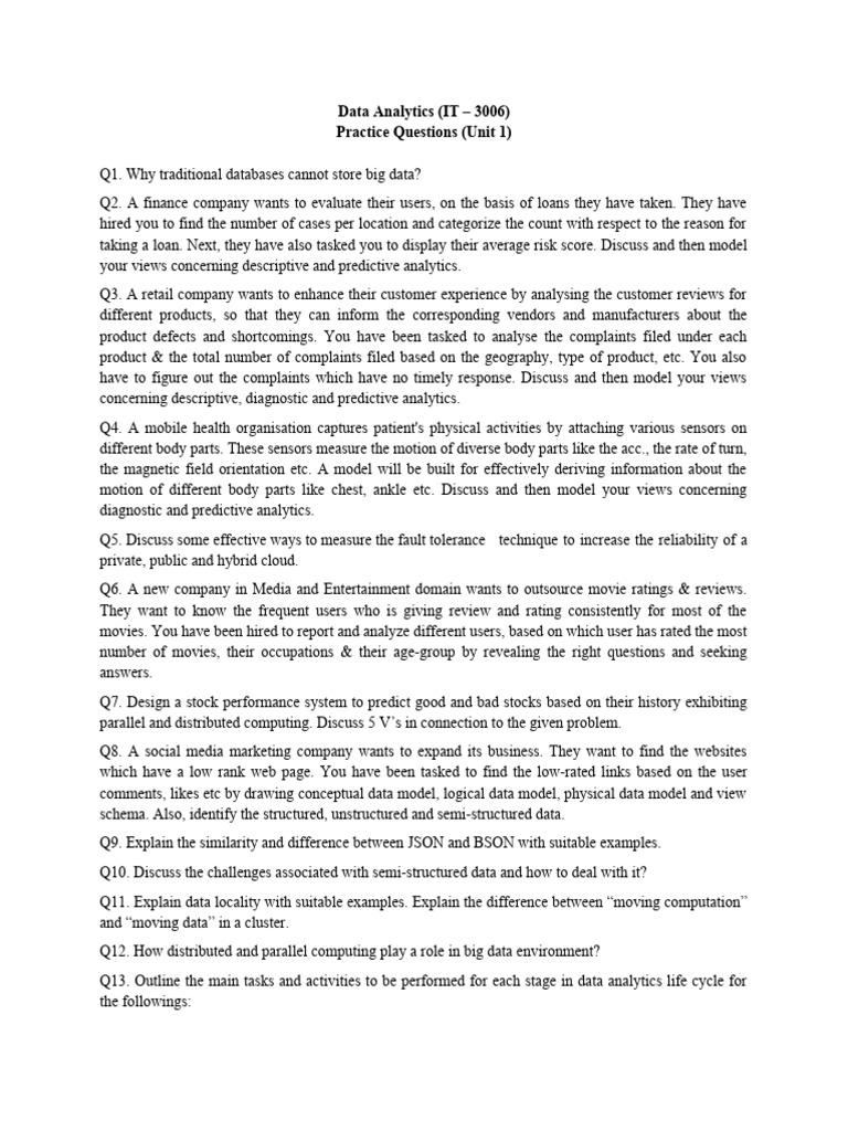 DA Practice Questions - Unit - 1 | PDF | Analytics | Map Reduce
