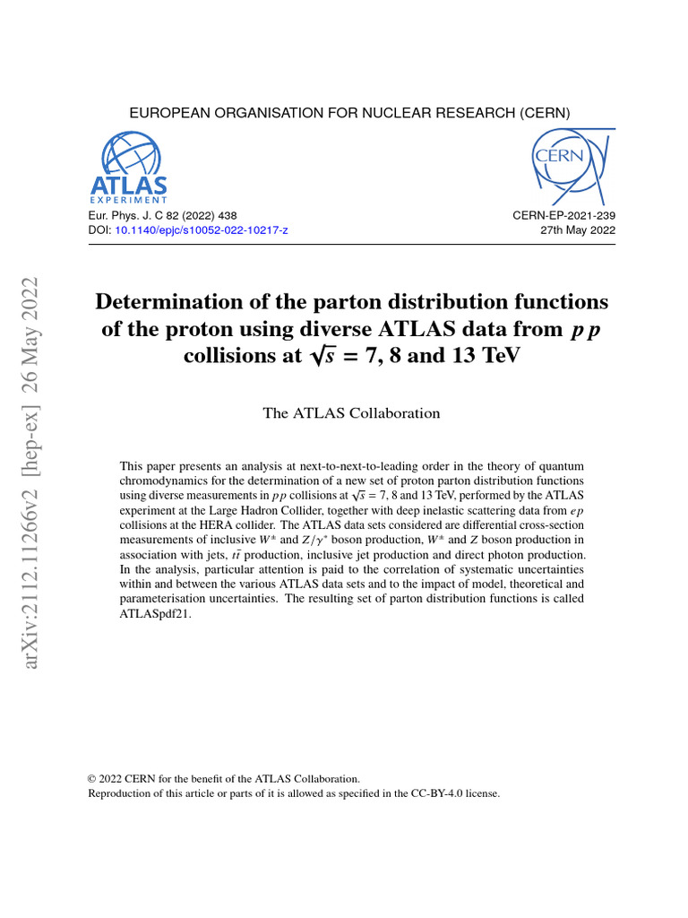Determination of The Parton Distribution Functions of The Proton Using Diverse ATLAS Data From ...