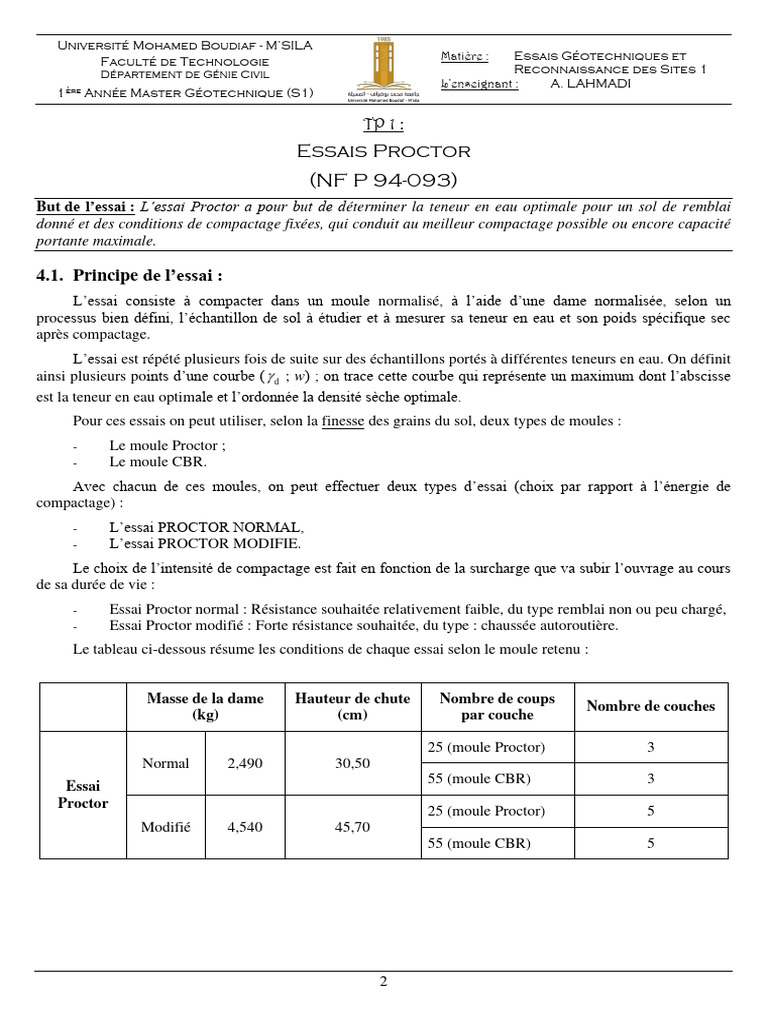 Essai Proctor : Méthodologie et Matériel | PDF | Sciences de la terre ...