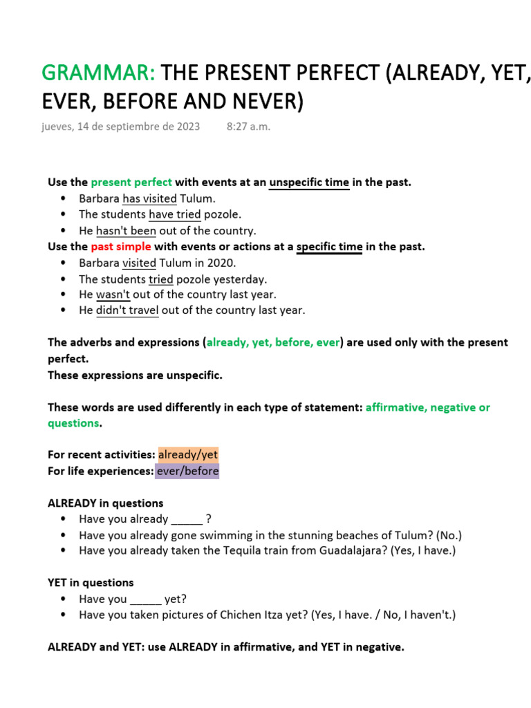 Grammar The Present Perfect (Already, Yet, Ever, Before and Never ...