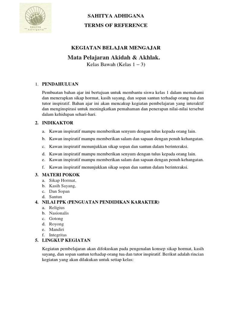Gerakan Mengajar Desa - TOR Kegiatan Belajar Mengajar Akidah Akhlak ...