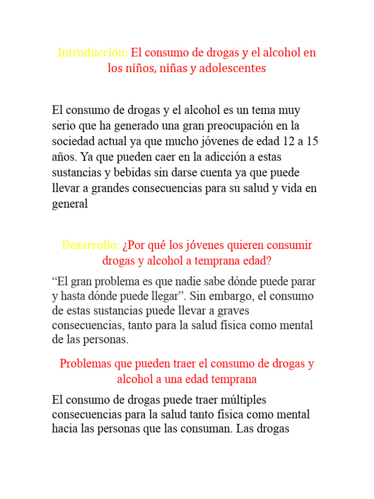El Consumo de Drogas y El Alcohol en Los Niños, Niñas y Adolescentes ...