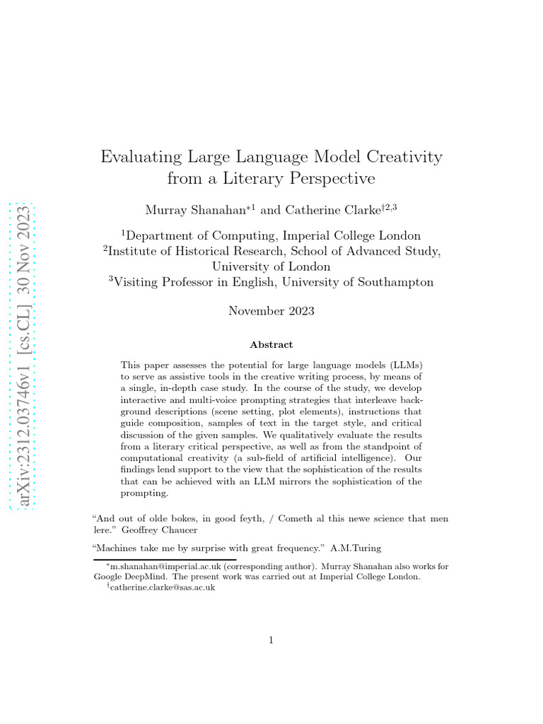 Evaluating LLM Creativity From A Literary Perspective | PDF