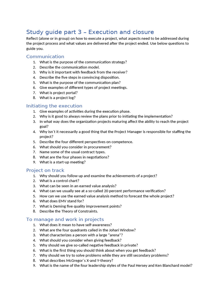 Questions For Study and Discussion - Part 3 Execution and Closure ...