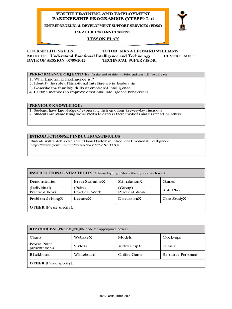 Emotional Intelligence Lesson Plan | PDF | Emotional Intelligence | Empathy