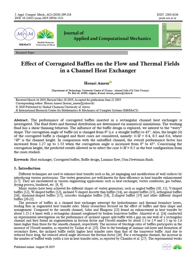 Effect of Corrugated Baffles On The Flow and Thermal Fields in A Channel Heat Exchanger | PDF ...