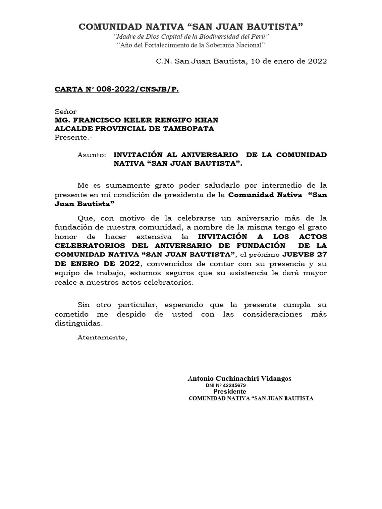 Invitación al Aniversario de San Juan Bautista | PDF