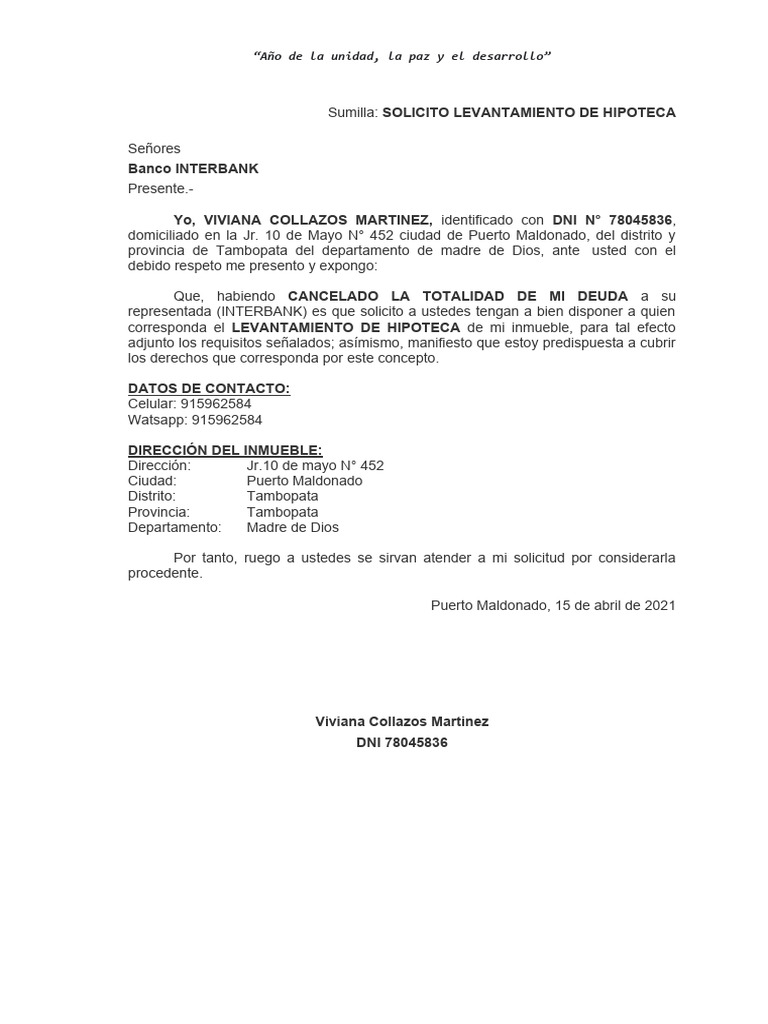 Solicitud de Levantamiento de Hipoteca | PDF | Ciencias sociales | Derecho