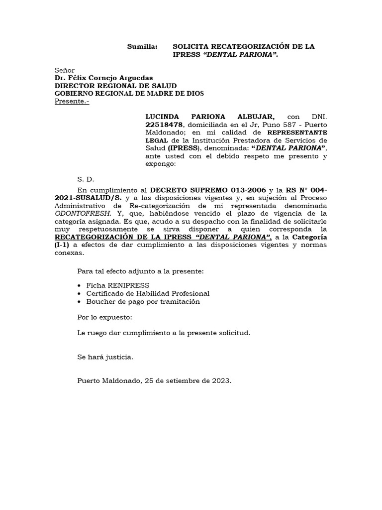 Solicitud de Recategorizacion Ipress Dental Pariona | PDF | Derecho