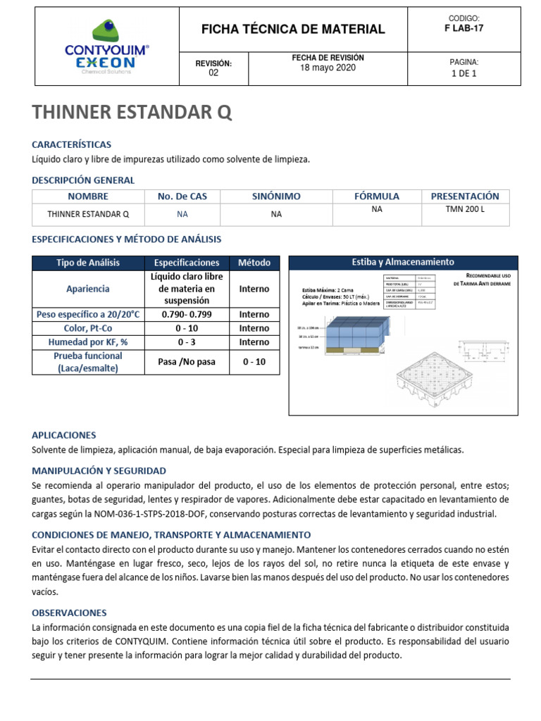 Thinner Estandar Q-Ficha | Descargar gratis PDF | Química | Ciencias fisicas