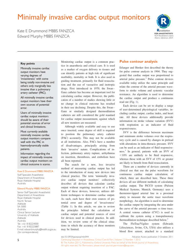 Minimally Invasive Cardiac Output by BJApdf | PDF | Heart | Pulse