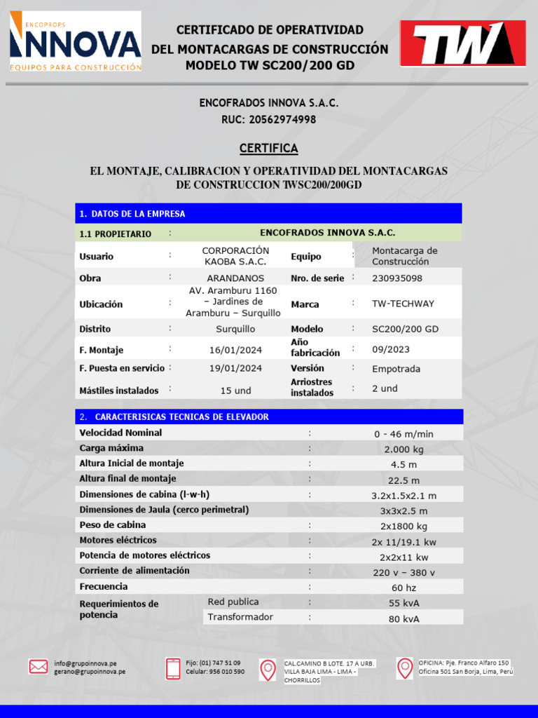Certificado Montacargas TW SC200/200 GD | PDF | Bienes manufacturados | Vehículos