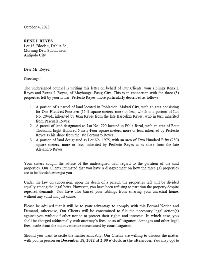 Sample Demand Letter For Partition | PDF | Common Law | Private Law