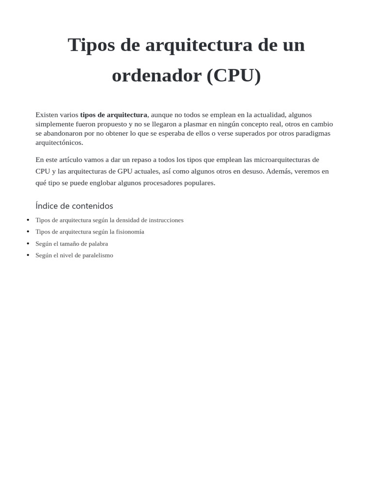 Tipos de Arquitectura de Un Ordenador (CPU) | PDF | Unidad Central de procesamiento | Ingenieria ...