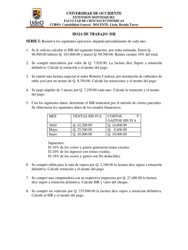 Hoja de Trabajo 3 Isr | PDF | Economias | Contabilidad