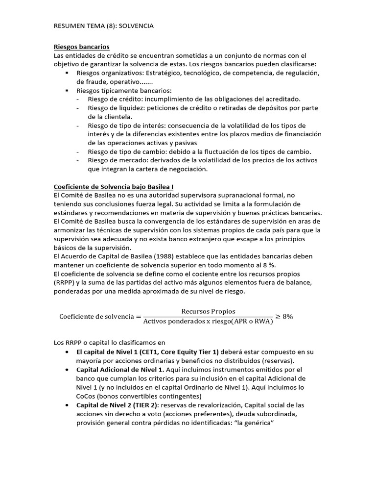 Resumen t8 | PDF | Bancos | Basilea Iii