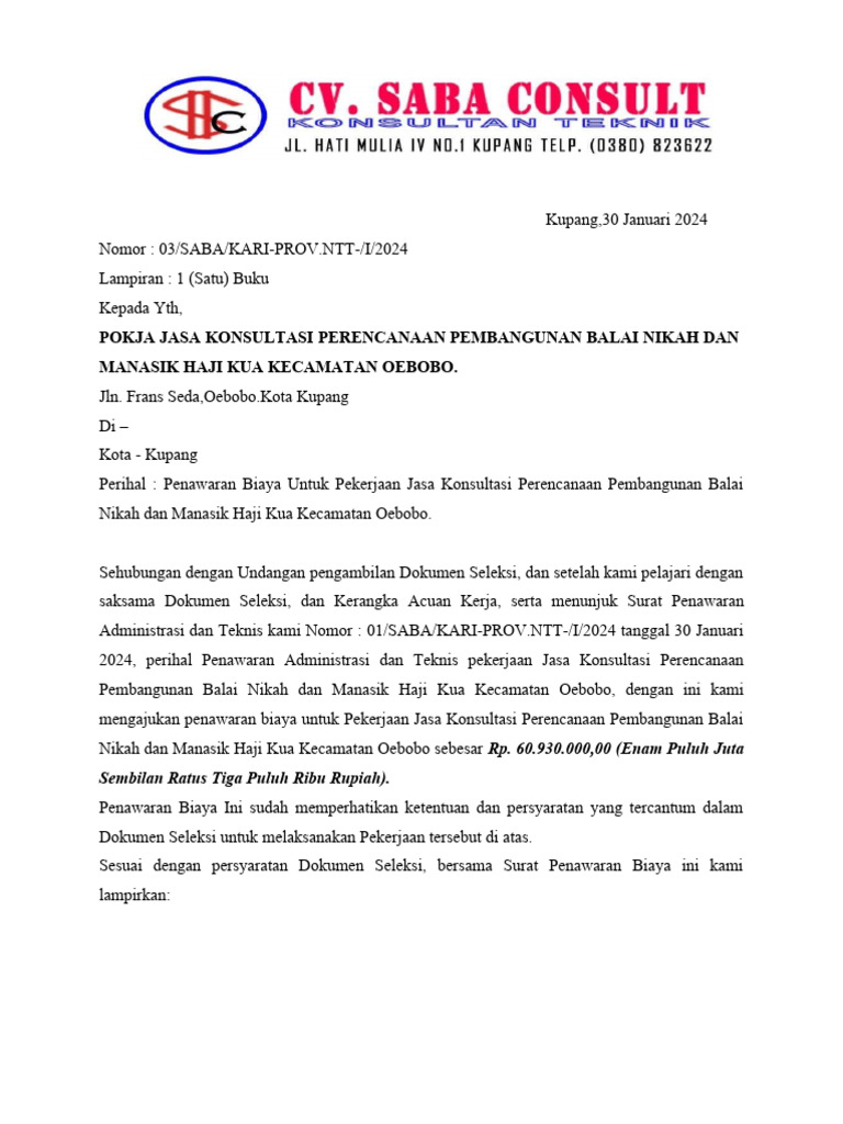 Surat Pengantar Rab Jasa Konsultasi Perencanaan Pembangunan Balai Nikah ...