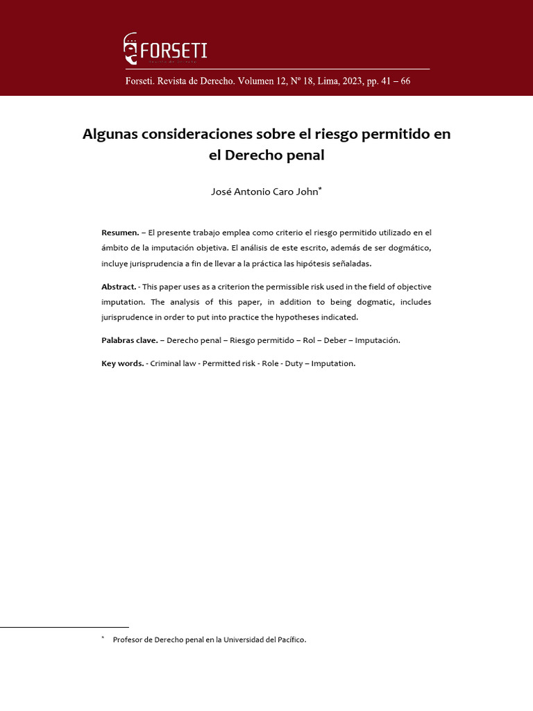 Algunas Consideraciones Sobre El Riesgo Permitido en El Derecho Penal - Caro John | PDF ...