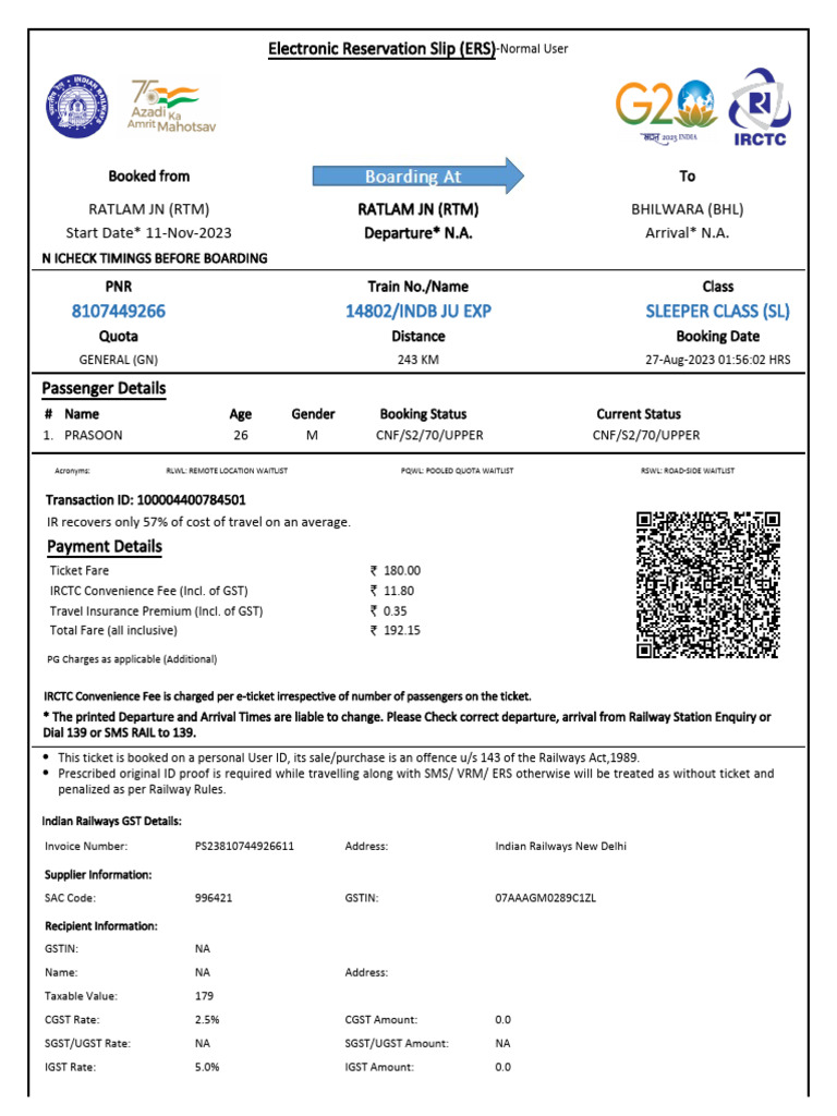 14802/INDB JU EXP Sleeper Class (SL) | PDF | Identity Document